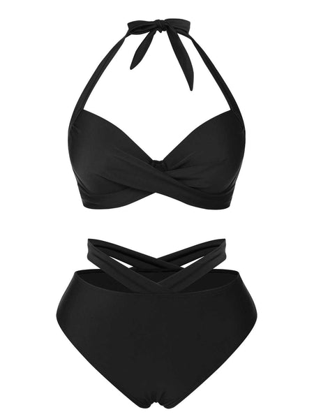 Black 1960s Halter Solid Swimsuit Retro Stage