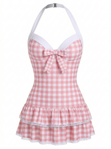 Red 1940s Halter Gingham Bow One-Piece Swimsuit | Retro Stage