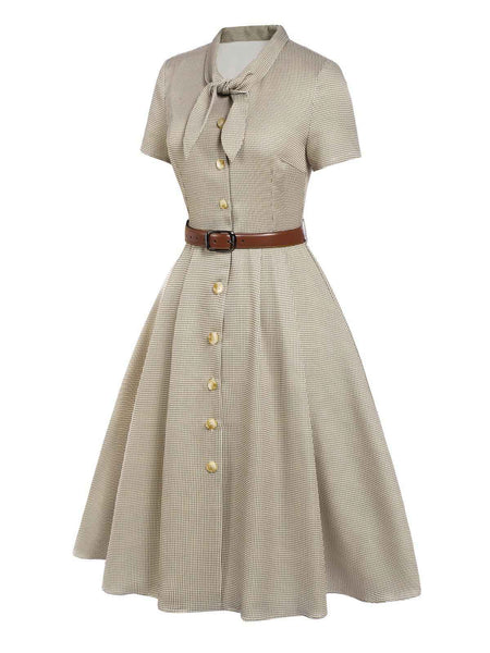 Brown 1940s Small Windowpane Plaid Dress | Retro Stage