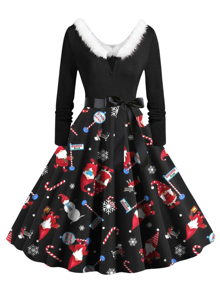1950s Christmas V-Neck Fur Collar Swing Dress | Retro Stage