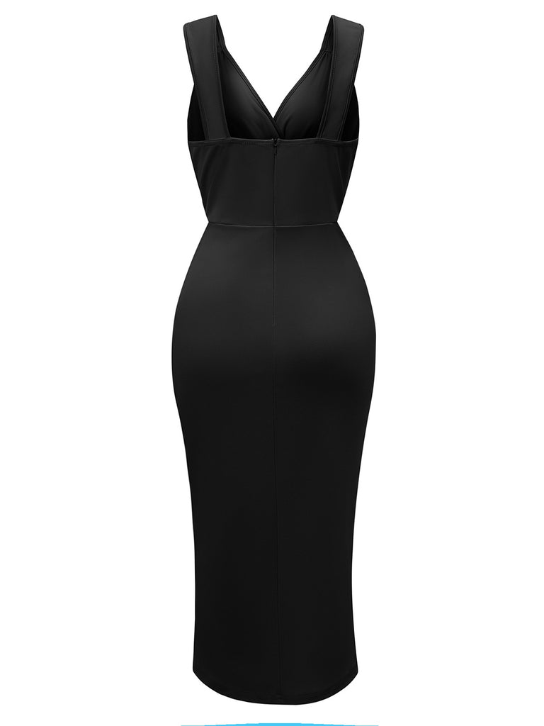 1960s Solid V-Neck Side Slit Bodycon Dress | Retro Stage