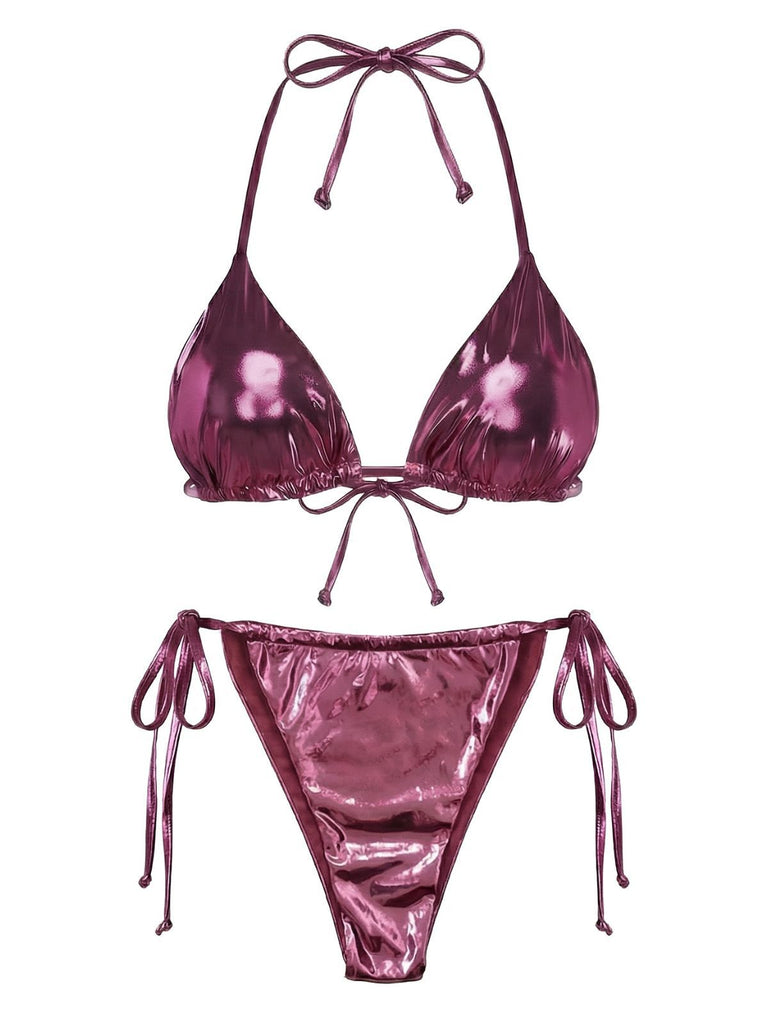 [Pre-Sale] 1970s Solid Halter Metallic Bikini Set | Retro Stage
