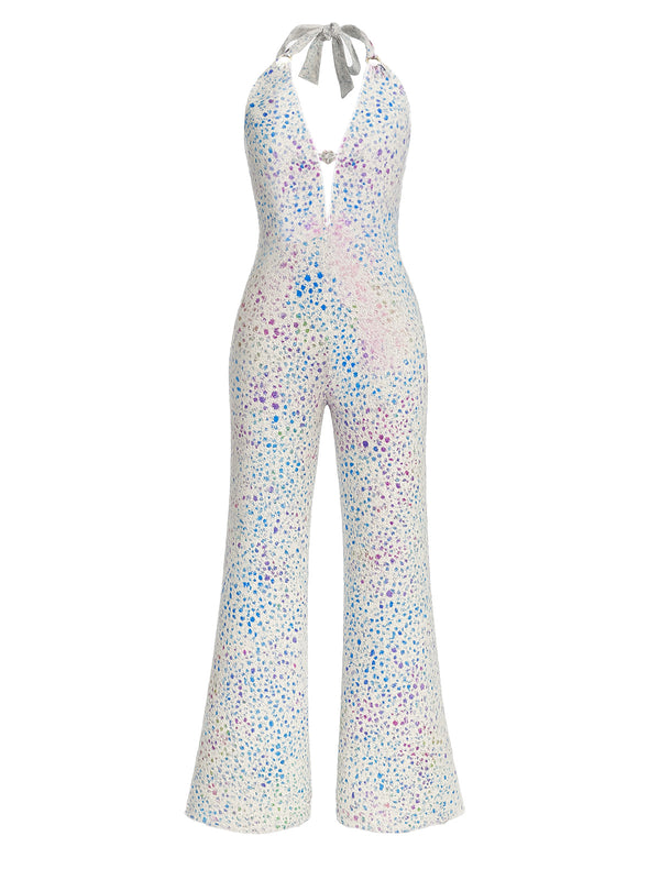 Metallic 1980s Leopard Halter Deep-V Backless Jumpsuit | Retro Stage