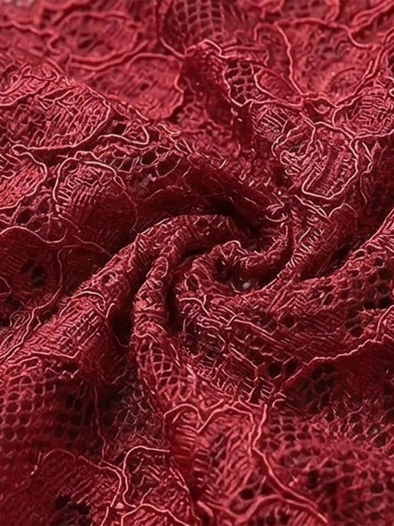 2PCS Deep Red 1980s Lace Color Block Knit Nightgown | Retro Stage