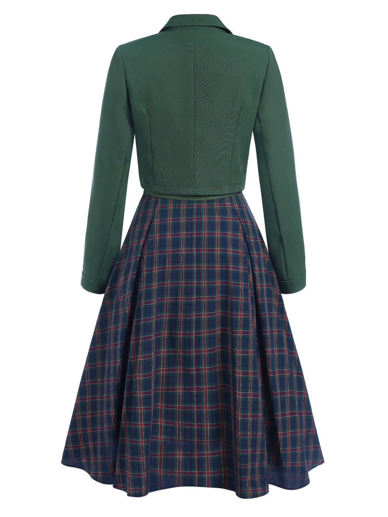 2PCS Green 1940s Lapel Button Blazer & Plaids Dress | Retro Stage