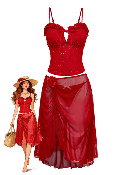 2PCS Red 1960s Cutout Ruffled Tankini Set & Cover-Up | Retro Stage