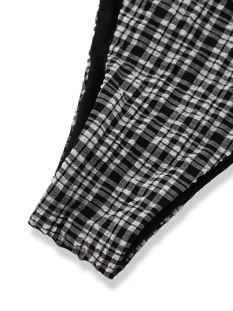 Black 1960s Plaid Deep V Halter Tankini Set | Retro Stage