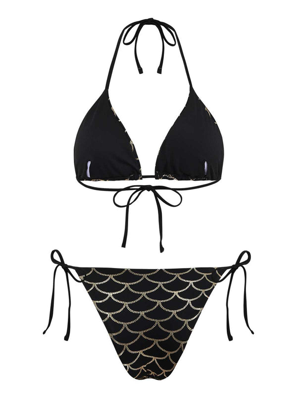 Black Gold 1970s Halter Mermaid Scale Bikini Set | Retro Stage