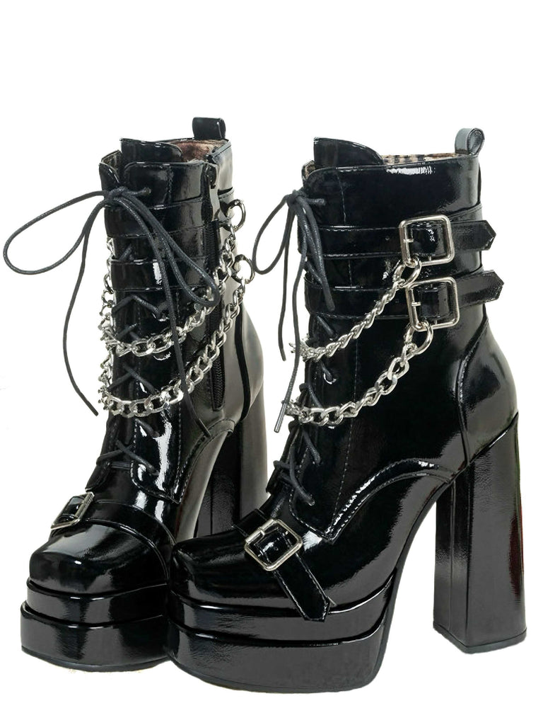 Black Patent Chains Gothic High Heels Boots | Retro Stage