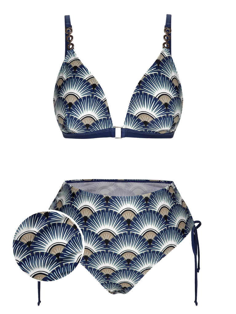 Blue 1930s Ancient Fan Lace-Up Bikini Set | Retro Stage