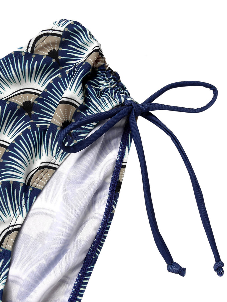 Blue 1930s Ancient Fan Lace-Up Bikini Set | Retro Stage