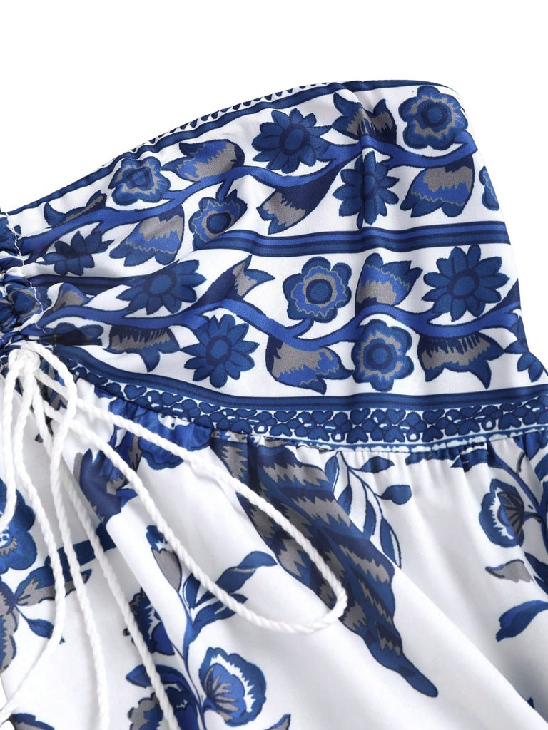 Blue 1970s Porcelain Boho Halter Bind Dress | Retro Stage