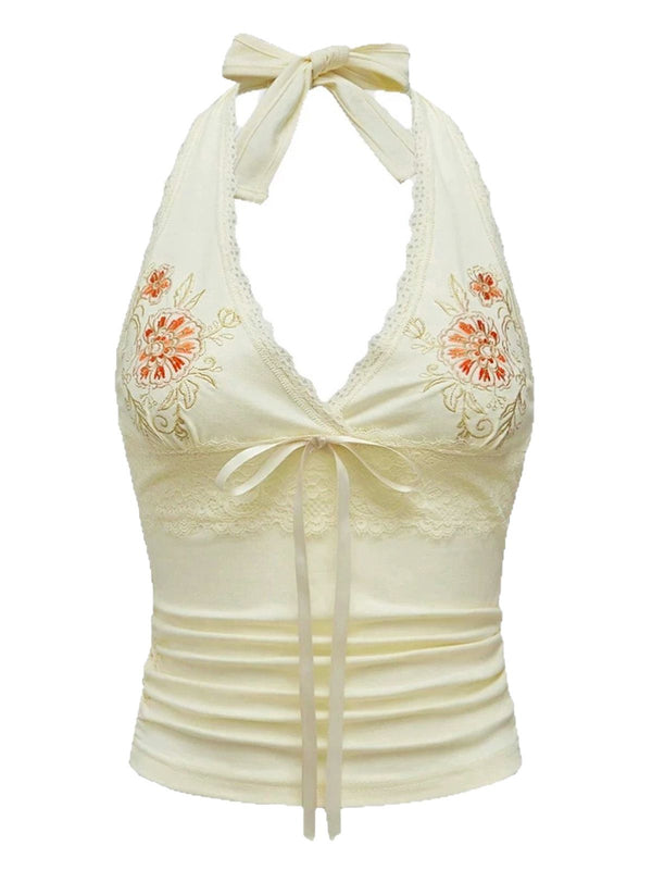 Ivory 1980s Embroidered Lace Floral Halter Top | Retro Stage