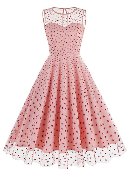 Pink 1950s Flocked Heart Mesh Patchwork Dress | Retro Stage