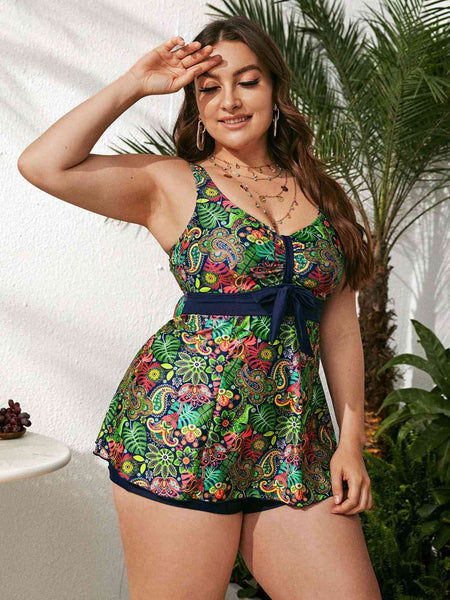 [Plus Size] Green 1960s Hippie Prints Bow Tankini | Retro Stage