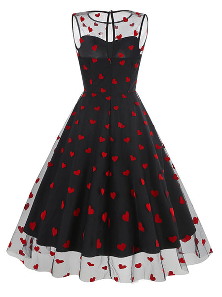 Black 1950s Flocked Heart Mesh Patchwork Dress | Retro Stage