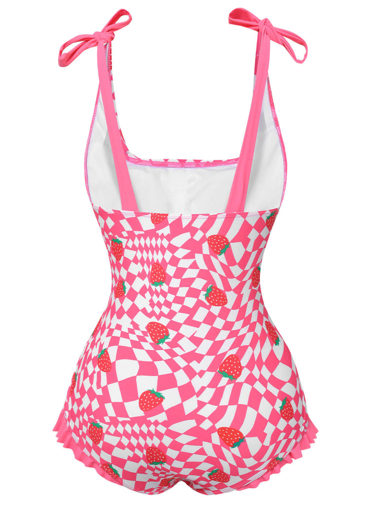 Pink 1960s Strawberry Plaid One-Piece Swimsuit | Retro Stage