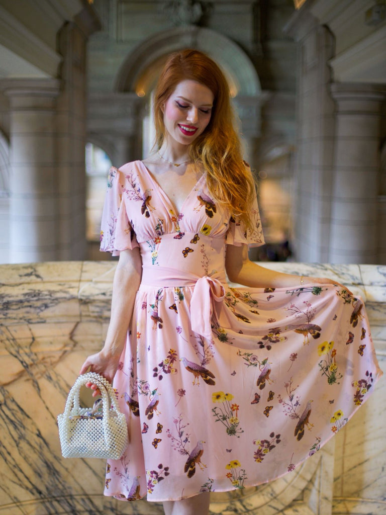 Pink Flowers And Birds Bowknot V-Neck Dress | Retro Stage