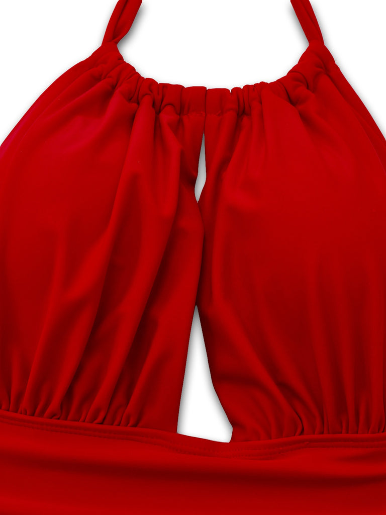 Red 1930s Ruched Halter Hollow One-Piece Swimsuit | Retro Stage