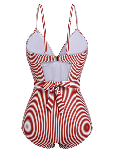 Red 1940s Spaghetti Strap Stripes One-Piece Swimsuit | Retro Stage