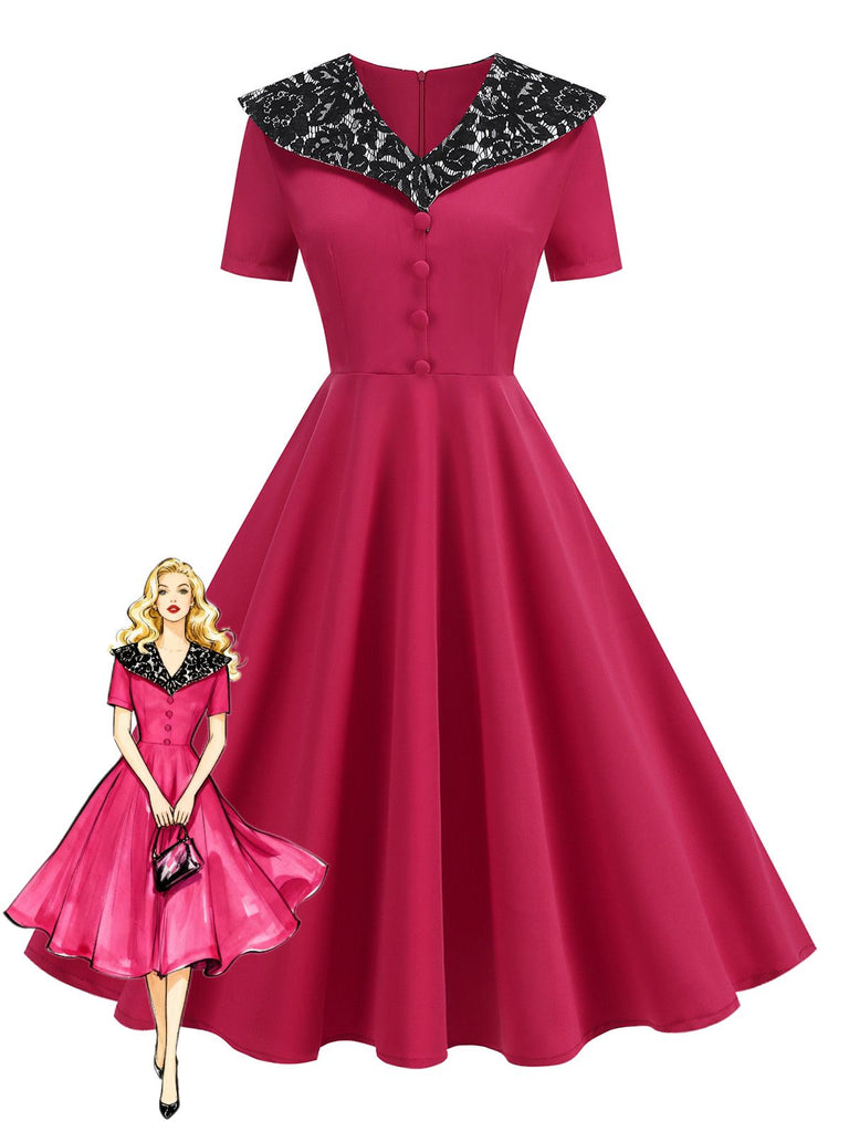 Red 1950s Lace Floral Sailor Collar Swing Dress | Retro Stage