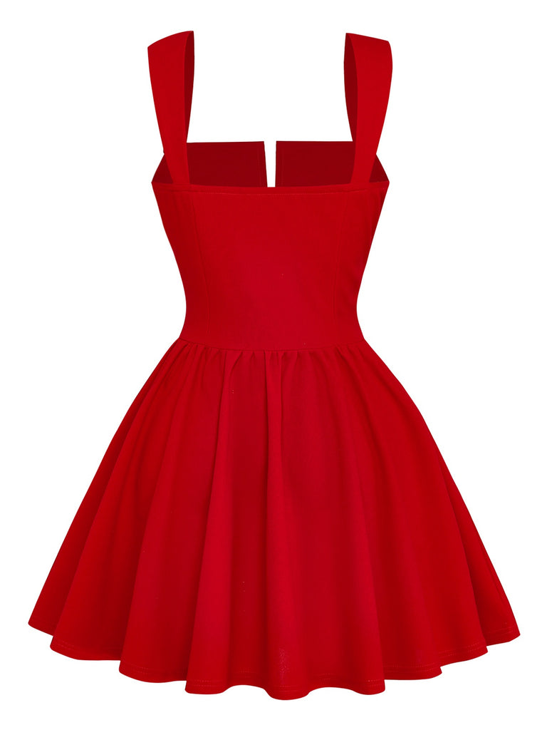 Red 1960s Square Neck Button Detail Ruched Mini Dress | Retro Stage