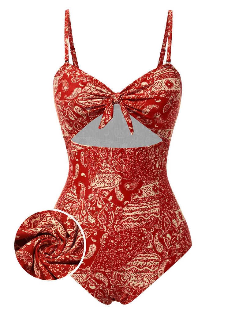 Red 1970s Paisley Hollow Spaghetti Straps Swimsuit | Retro Stage
