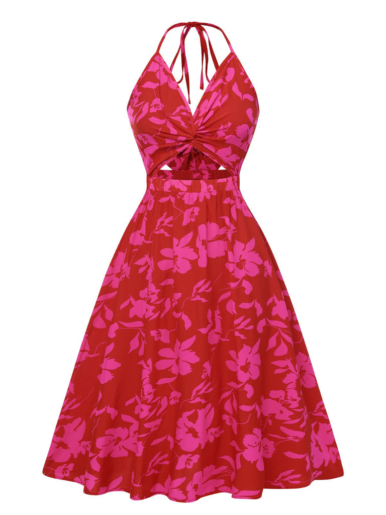 Rose Red 1930s Halter Hollow Floral Dress | Retro Stage
