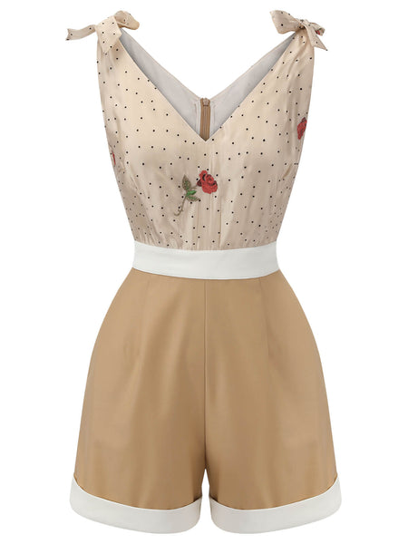 Khaki 1950s Embroidered Rose V-Neck Romper | Retro Stage