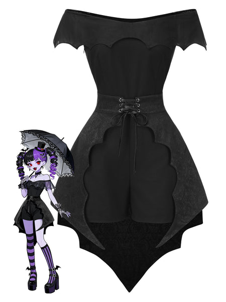2PCS Black 1950s Gothic Bat Romper & High-Low Cover-Up | Retro Stage