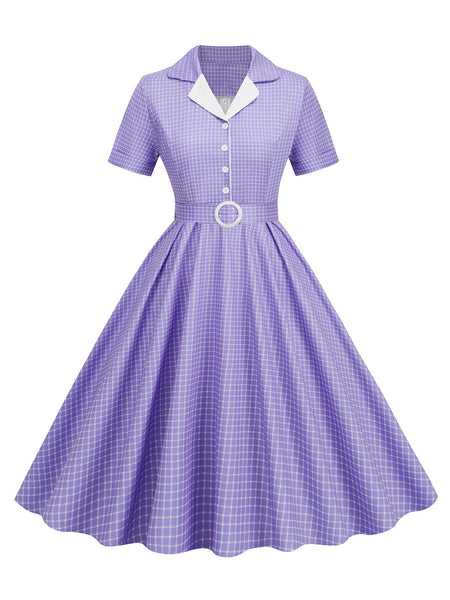 1950s Window Pane Plaid Lapel Swing Dress | Retro Stage