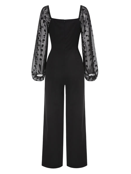 Black 1960s Flocked Square Neck Patchwork Jumpsuit | Retro Stage