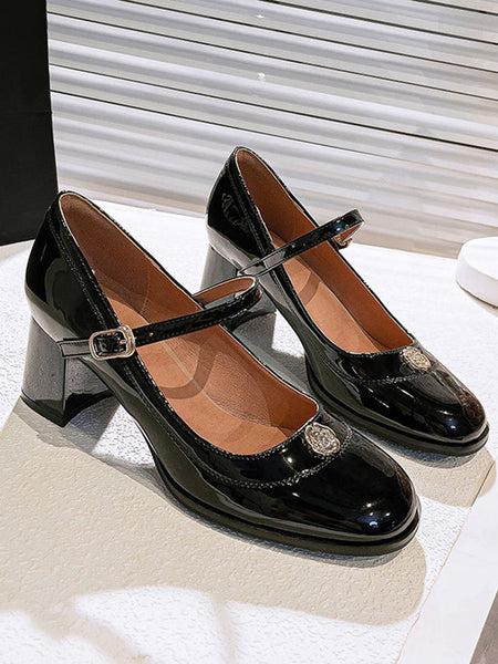 Round Toe Patent Leather Mid-Heeled Shoes | Retro Stage