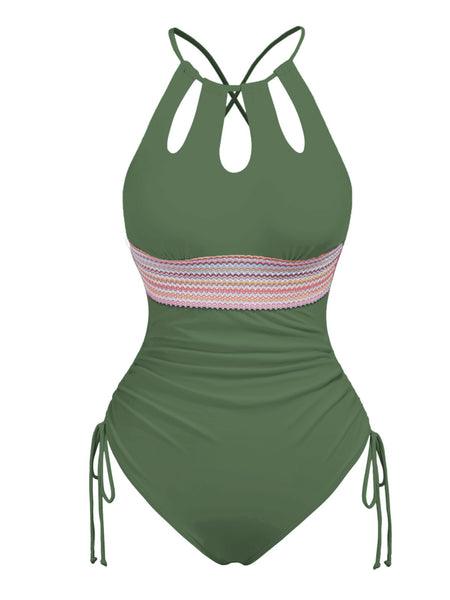 1950s Solid Keyhole Collar Cross-Bind Swimsuit | Retro Stage