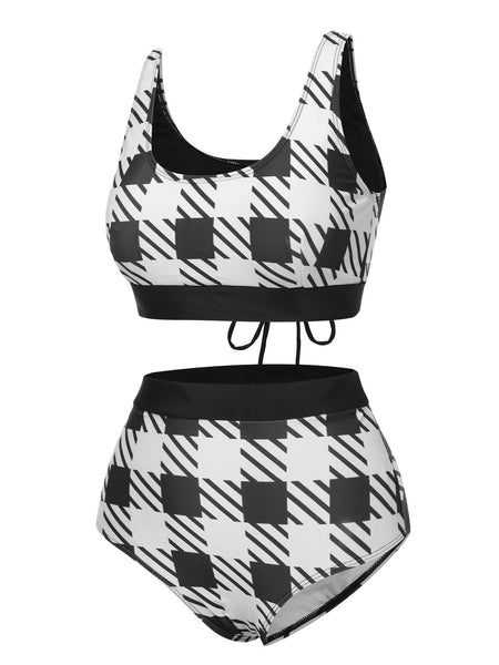 Black 1950s Plaid Wide Strap Swimsuit Retro Stage