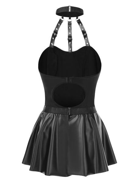 2PCS Black 1980s Gothic PU Leather Halter Top & Skirt | Retro Stage