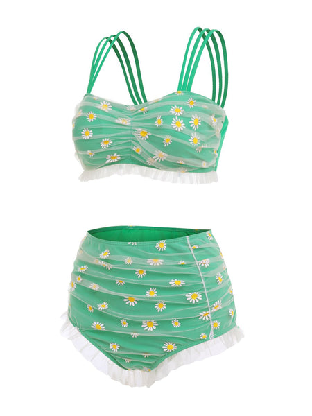 Green 1950s Summer Daisy Tankini Set | Retro Stage